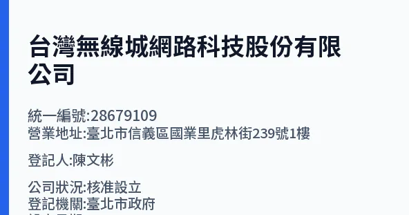 台灣無線城網路科技股份有限公司的照片-統編 28679109(臺北市) 公司登記資料與營業項目詳細圖表