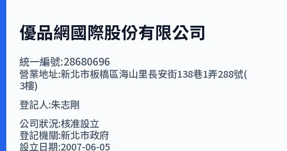 優品網國際股份有限公司的照片-統編 28680696(新北市) 公司登記資料與營業項目詳細圖表