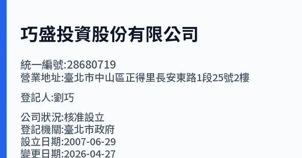 巧盛投資股份有限公司的照片-統編 28680719(臺北市) 公司登記資料與營業項目詳細圖表