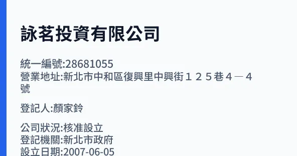 詠茗投資有限公司的照片-統編 28681055(新北市) 公司登記資料與營業項目詳細圖表