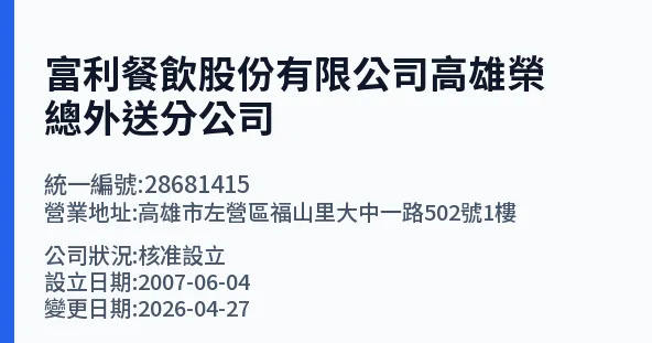 富利餐飲股份有限公司高雄榮總外送分公司的照片-統編 28681415(高雄市) 公司登記資料與營業項目詳細圖表