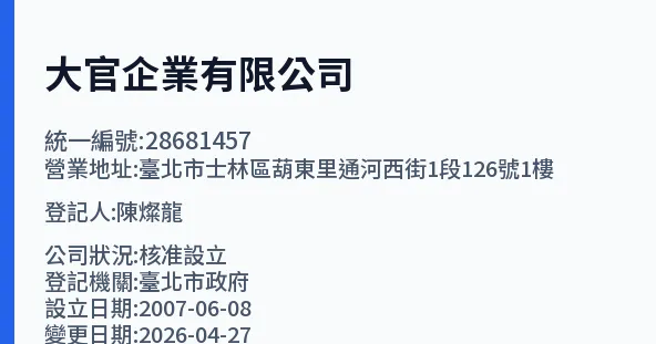大官企業有限公司的照片-統編 28681457(臺北市) 公司登記資料與營業項目詳細圖表
