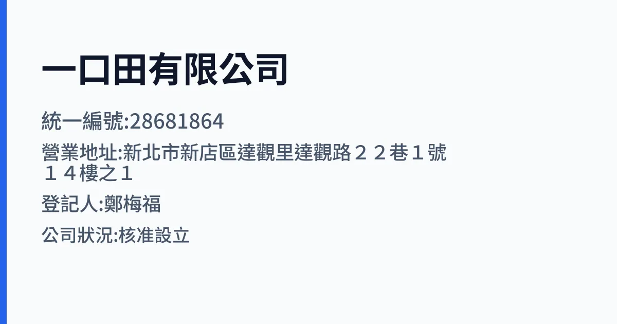 一口田有限公司 - 統編 28681864(新北市) 公司登記資料與營業項目詳細圖表