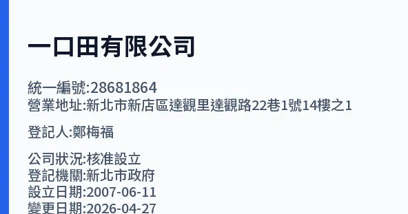 一口田有限公司的照片-統編 28681864(新北市) 公司登記資料與營業項目詳細圖表