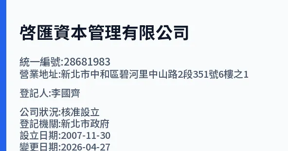 啓匯資本管理有限公司的照片-統編 28681983(新北市) 公司登記資料與營業項目詳細圖表