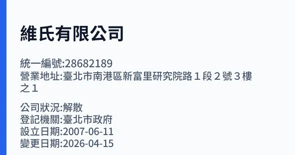 維氏有限公司的照片-統編 28682189(臺北市) 公司登記資料與營業項目詳細圖表
