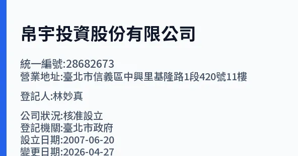 帛宇投資股份有限公司的照片-統編 28682673(臺北市) 公司登記資料與營業項目詳細圖表