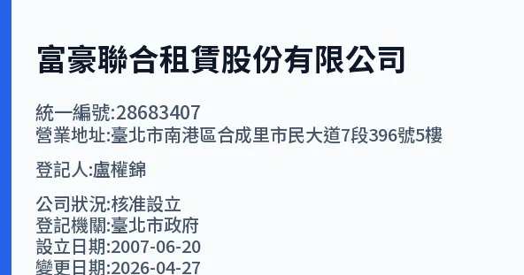 富豪聯合租賃股份有限公司的照片-統編 28683407(臺北市) 公司登記資料與營業項目詳細圖表