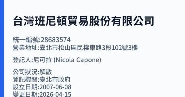 台灣班尼頓貿易股份有限公司的照片-統編 28683574(臺北市) 公司登記資料與營業項目詳細圖表