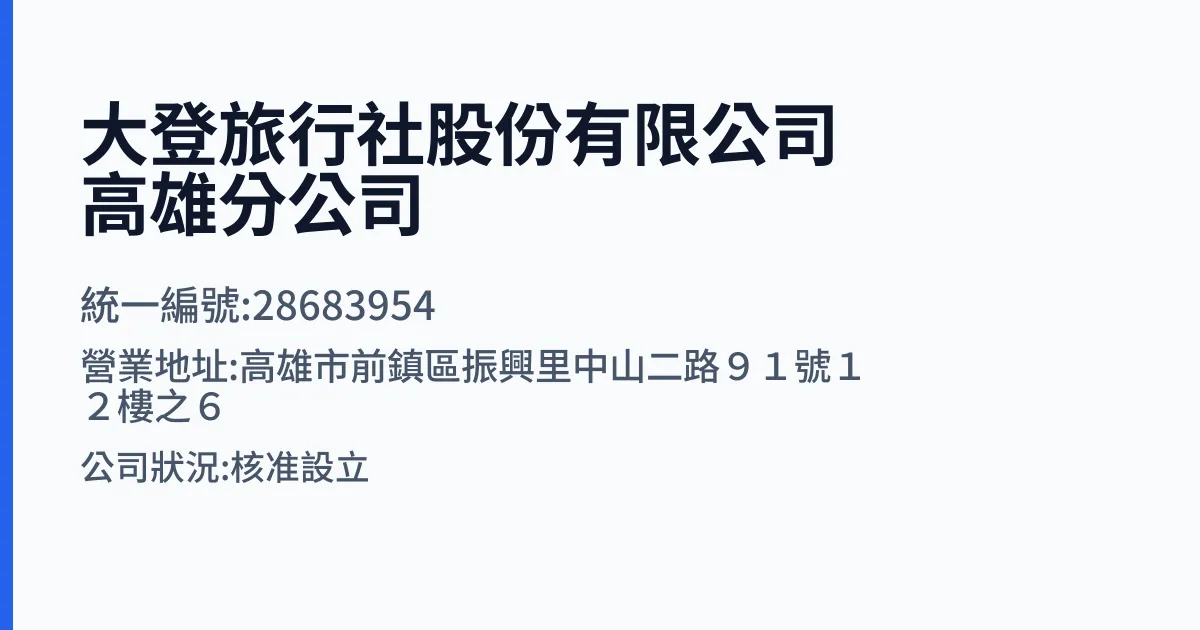 大登旅行社股份有限公司高雄分公司 - 統編 28683954(高雄市) 公司登記資料與營業項目詳細圖表