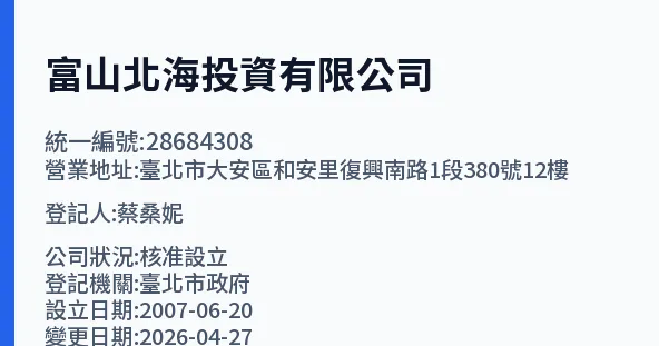 富山北海投資有限公司的照片-統編 28684308(臺北市) 公司登記資料與營業項目詳細圖表