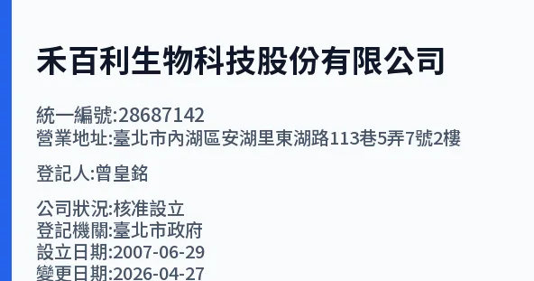 禾百利生物科技股份有限公司的照片-統編 28687142(臺北市) 公司登記資料與營業項目詳細圖表