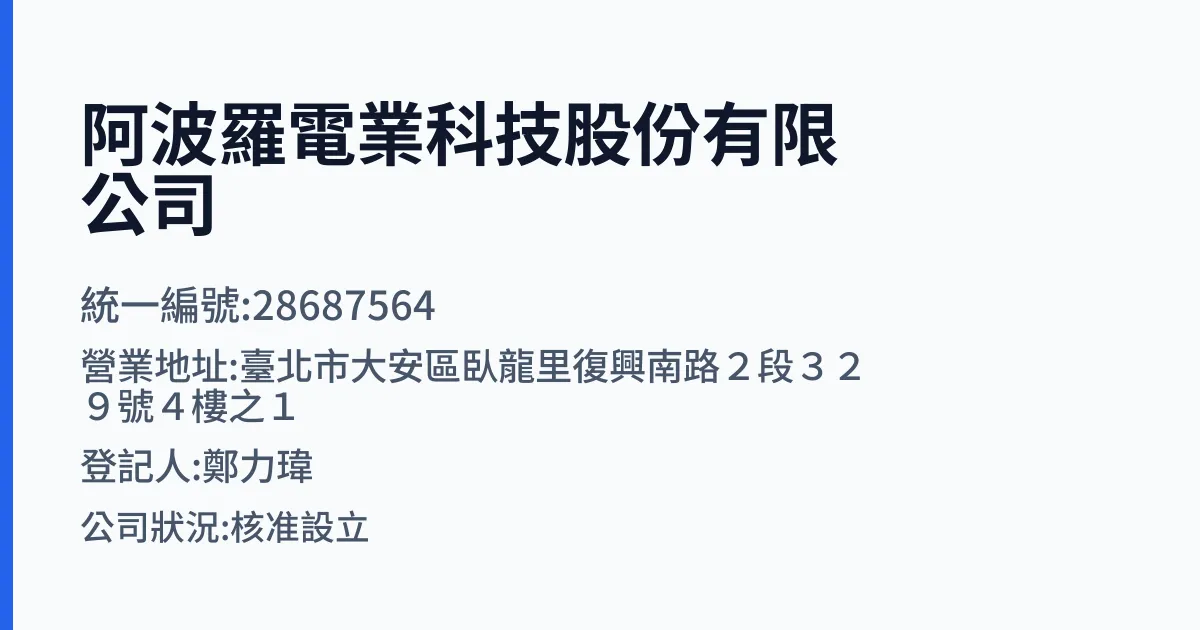 阿波羅電業科技股份有限公司 - 統編 28687564(臺北市) 公司登記資料與營業項目詳細圖表