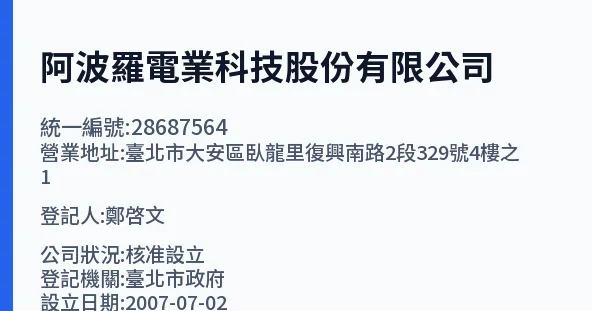 阿波羅電業科技股份有限公司的照片-統編 28687564(臺北市) 公司登記資料與營業項目詳細圖表