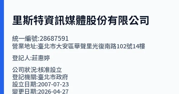 里斯特資訊媒體股份有限公司的照片-統編 28687591(臺北市) 公司登記資料與營業項目詳細圖表