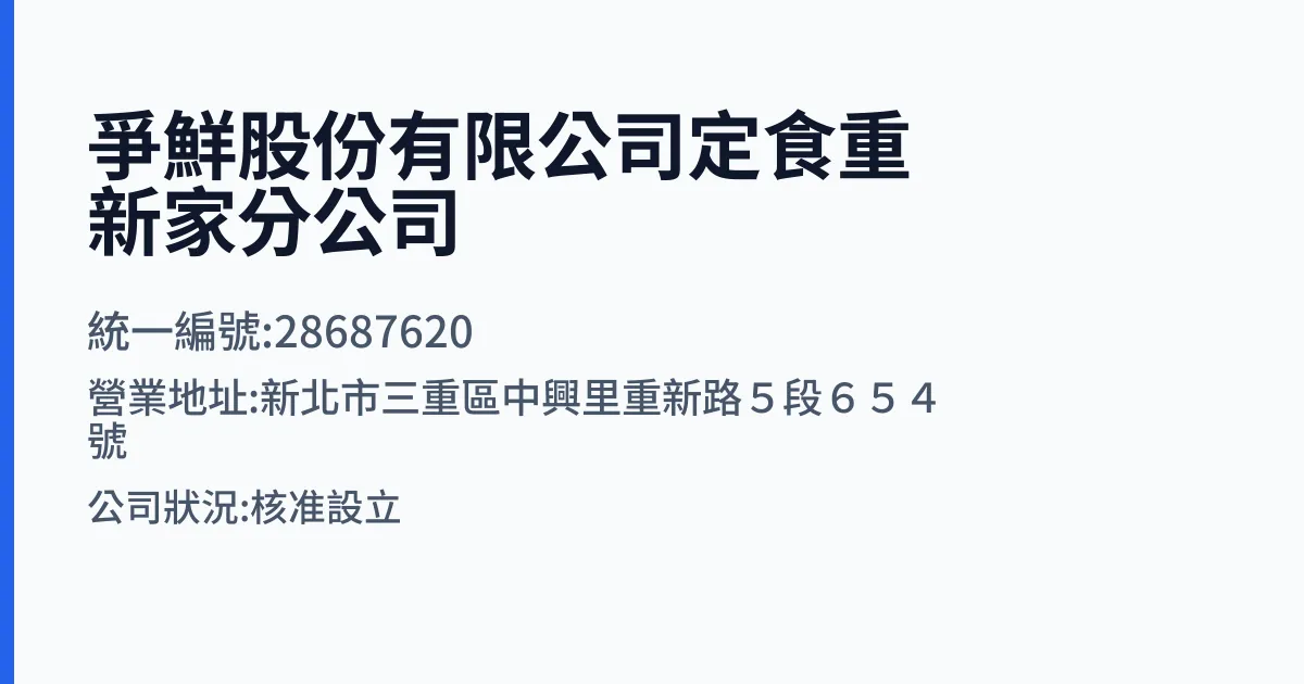 爭鮮股份有限公司定食重新家分公司 - 統編 28687620(新北市) 公司登記資料與營業項目詳細圖表