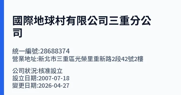 國際地球村有限公司三重分公司的照片-統編 28688374(新北市) 公司登記資料與營業項目詳細圖表