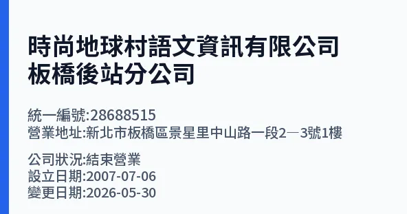 時尚地球村語文資訊有限公司板橋後站分公司的照片-統編 28688515(新北市) 公司登記資料與營業項目詳細圖表