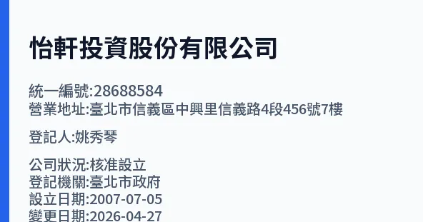 怡軒投資股份有限公司的照片-統編 28688584(臺北市) 公司登記資料與營業項目詳細圖表