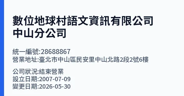 數位地球村語文資訊有限公司中山分公司的照片-統編 28688867(臺北市) 公司登記資料與營業項目詳細圖表