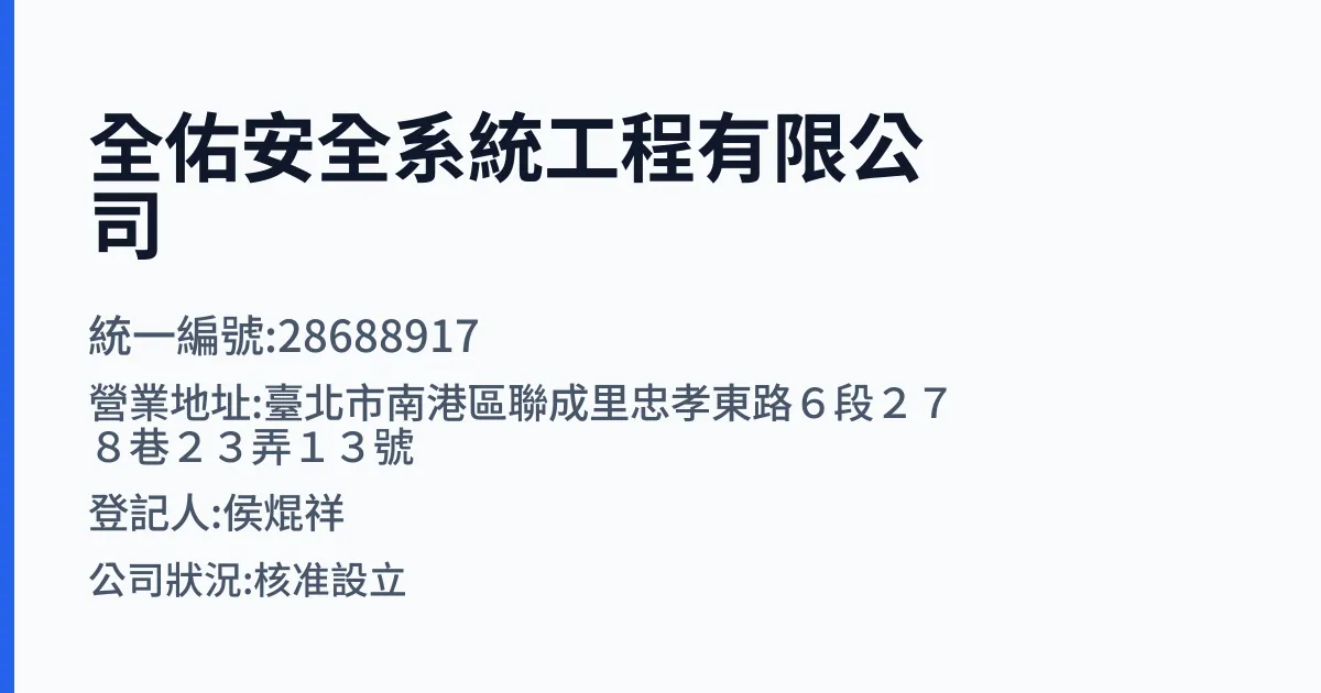 全佑安全系統工程有限公司 - 統編 28688917(臺北市) 公司登記資料與營業項目詳細圖表