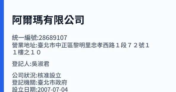 阿爾瑪有限公司的照片-統編 28689107(臺北市) 公司登記資料與營業項目詳細圖表