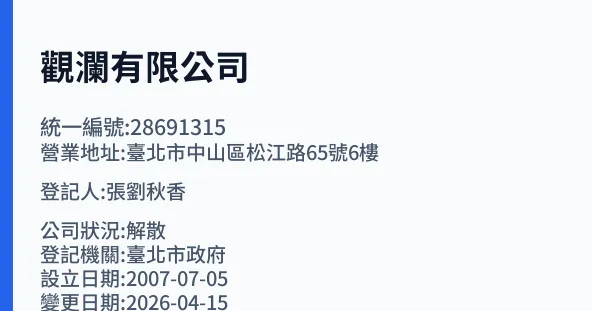觀瀾有限公司的照片-統編 28691315(臺北市) 公司登記資料與營業項目詳細圖表