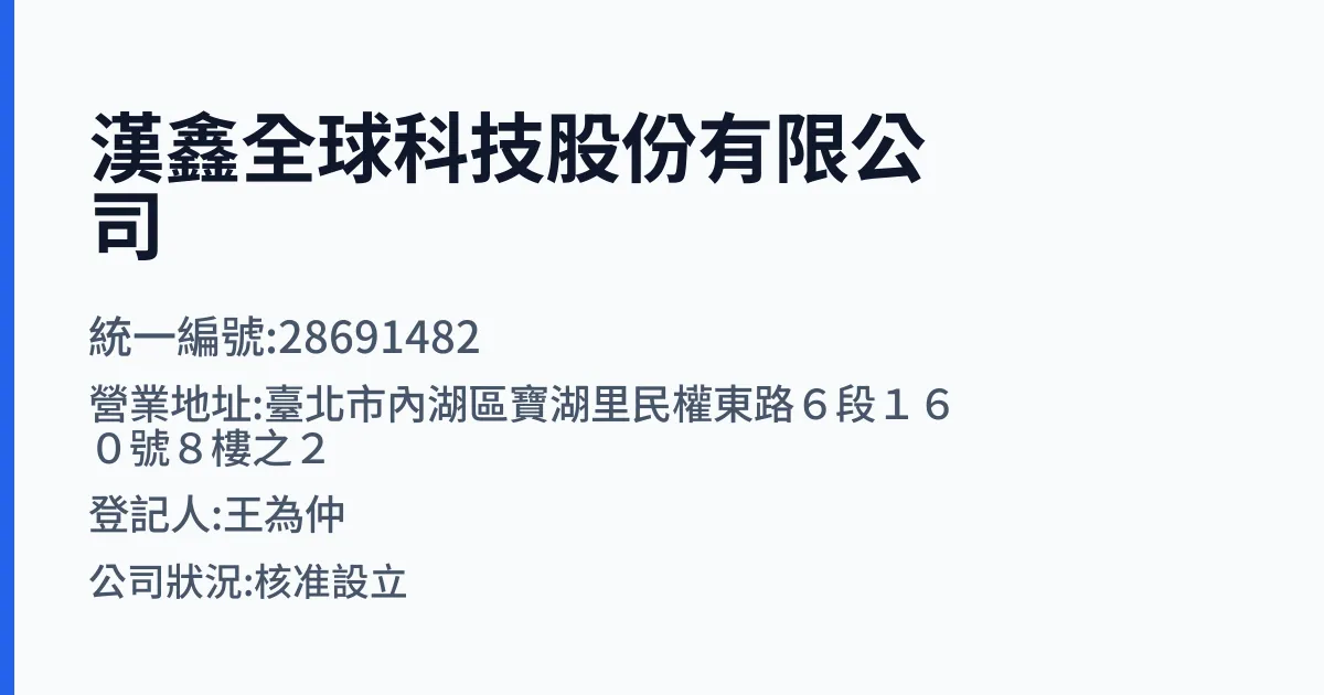 漢鑫全球科技股份有限公司 - 統編 28691482(臺北市) 公司登記資料與營業項目詳細圖表