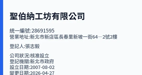 聖伯納工坊有限公司的照片-統編 28691595(新北市) 公司登記資料與營業項目詳細圖表