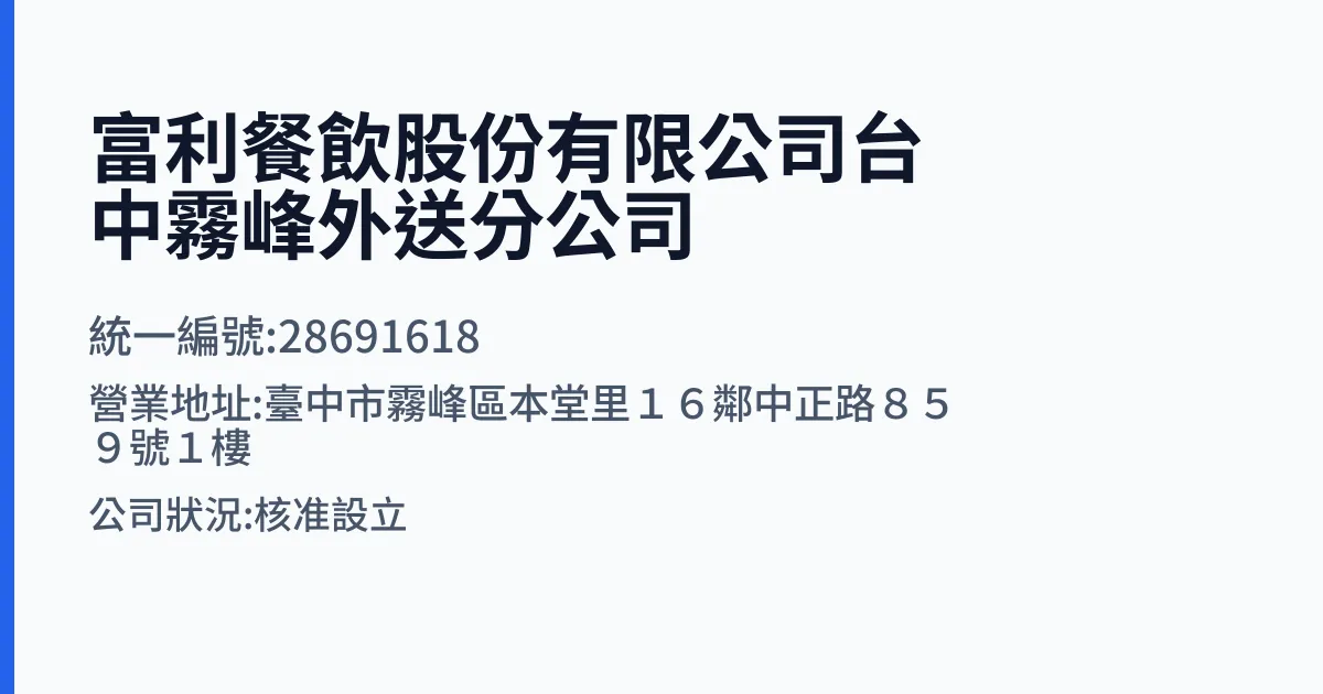 富利餐飲股份有限公司台中霧峰外送分公司 - 統編 28691618(臺中市) 公司登記資料與營業項目詳細圖表