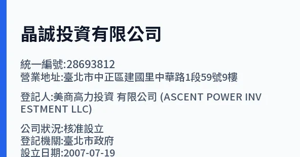 晶誠投資有限公司的照片-統編 28693812(臺北市) 公司登記資料與營業項目詳細圖表