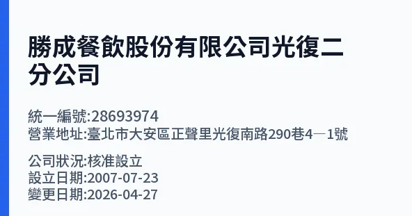 勝成餐飲股份有限公司光復二分公司的照片-統編 28693974(臺北市) 公司登記資料與營業項目詳細圖表