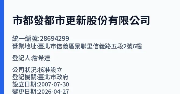 市都發都市更新股份有限公司的照片-統編 28694299(臺北市) 公司登記資料與營業項目詳細圖表