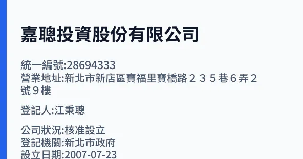 嘉聰投資股份有限公司的照片-統編 28694333(新北市) 公司登記資料與營業項目詳細圖表