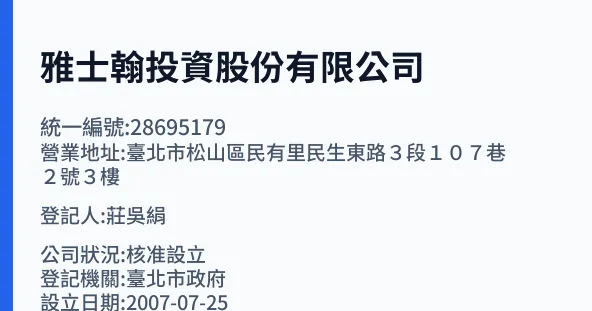 雅士翰投資股份有限公司的照片-統編 28695179(臺北市) 公司登記資料與營業項目詳細圖表