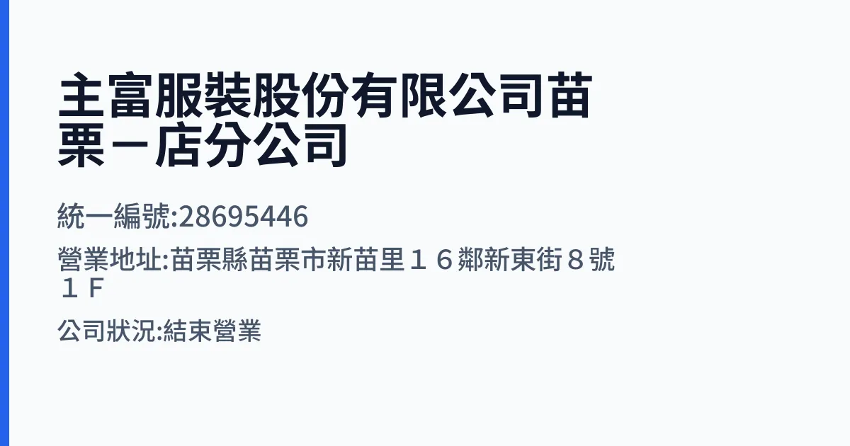 主富服裝股份有限公司苗栗－店分公司 - 統編 28695446(苗栗縣) 公司登記資料與營業項目詳細圖表