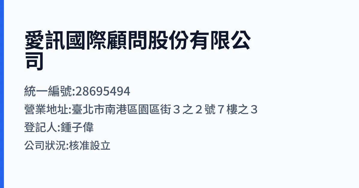 愛訊國際顧問股份有限公司 - 統編 28695494(臺北市) 公司登記資料與營業項目詳細圖表