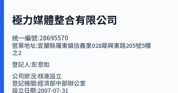 極力媒體整合有限公司的照片-統編 28695570(宜蘭縣) 公司登記資料與營業項目詳細圖表