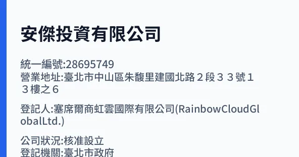 安傑投資有限公司的照片-統編 28695749(臺北市) 公司登記資料與營業項目詳細圖表