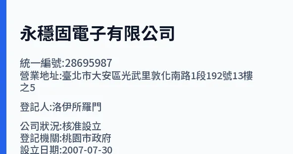 永穩固電子有限公司的照片-統編 28695987(臺北市) 公司登記資料與營業項目詳細圖表