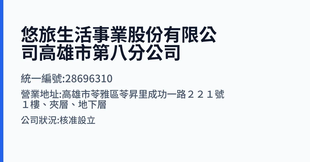 悠旅生活事業股份有限公司高雄市第八分公司 - 統編 28696310(高雄市) 公司登記資料與營業項目詳細圖表