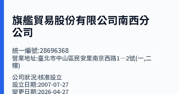 旗艦貿易股份有限公司南西分公司的照片-統編 28696368(臺北市) 公司登記資料與營業項目詳細圖表