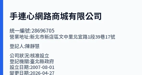 手連心網路商城有限公司的照片-統編 28696705(新北市) 公司登記資料與營業項目詳細圖表