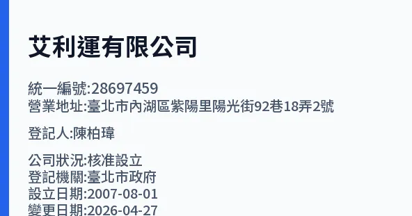 艾利運有限公司的照片-統編 28697459(臺北市) 公司登記資料與營業項目詳細圖表