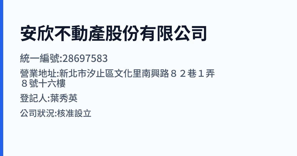 安欣不動產股份有限公司 - 統編 28697583(新北市) 公司登記資料與營業項目詳細圖表