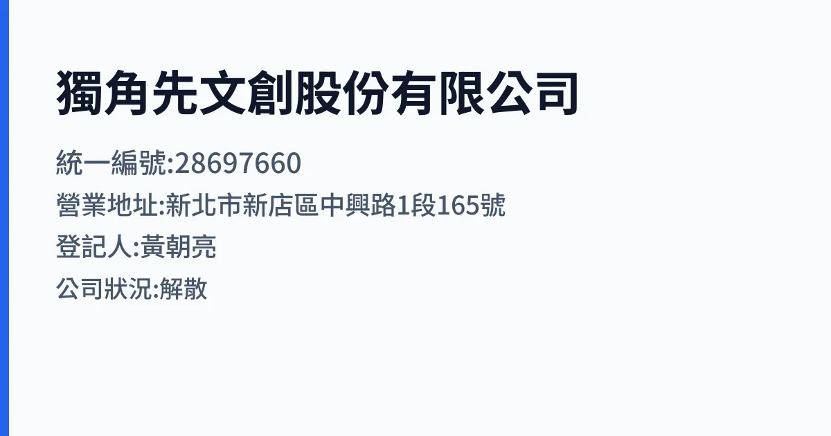 獨角先文創股份有限公司 - 統編 28697660(新北市) 公司登記資料與營業項目詳細圖表