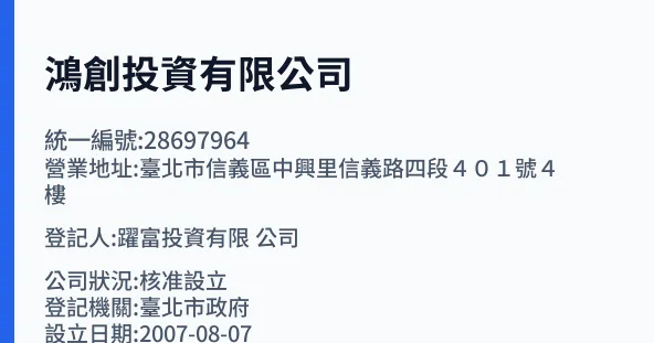 鴻創投資有限公司的照片-統編 28697964(臺北市) 公司登記資料與營業項目詳細圖表