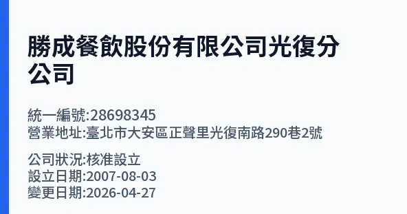 勝成餐飲股份有限公司光復分公司的照片-統編 28698345(臺北市) 公司登記資料與營業項目詳細圖表