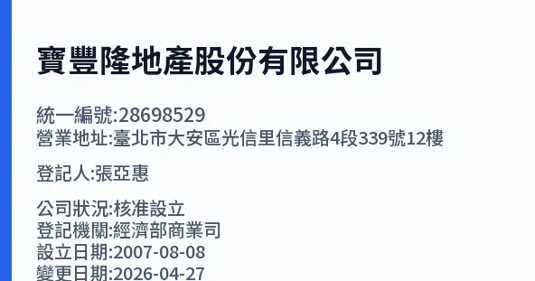 寶豐隆地產股份有限公司的照片-統編 28698529(臺北市) 公司登記資料與營業項目詳細圖表