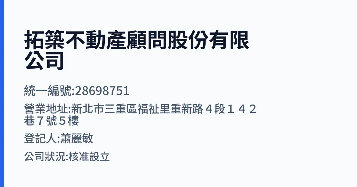拓築不動產顧問股份有限公司 - 統編 28698751(新北市) 公司登記資料與營業項目詳細圖表
